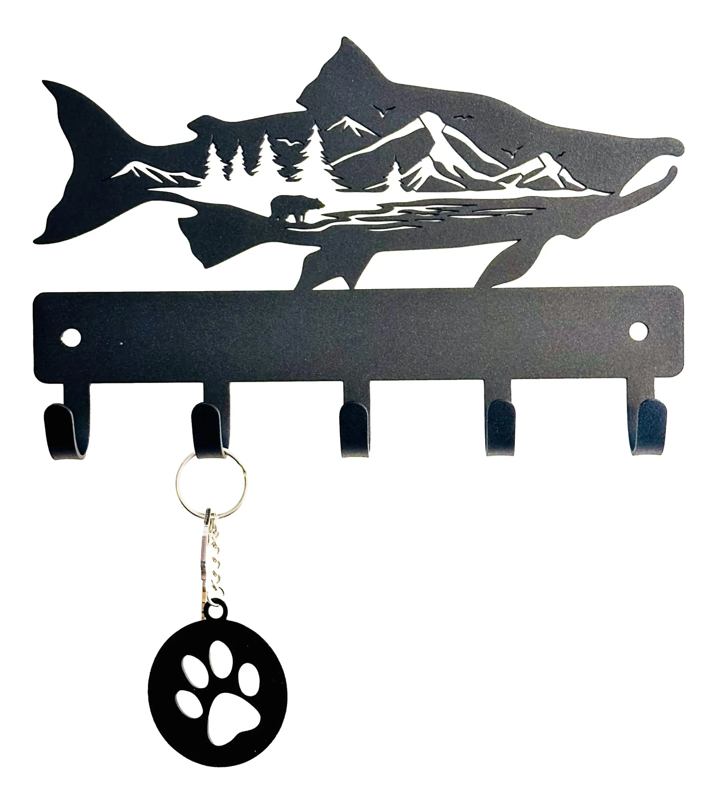 Salmon Fish Key Holder with Beautiful Bear Scene | The Metal Peddler