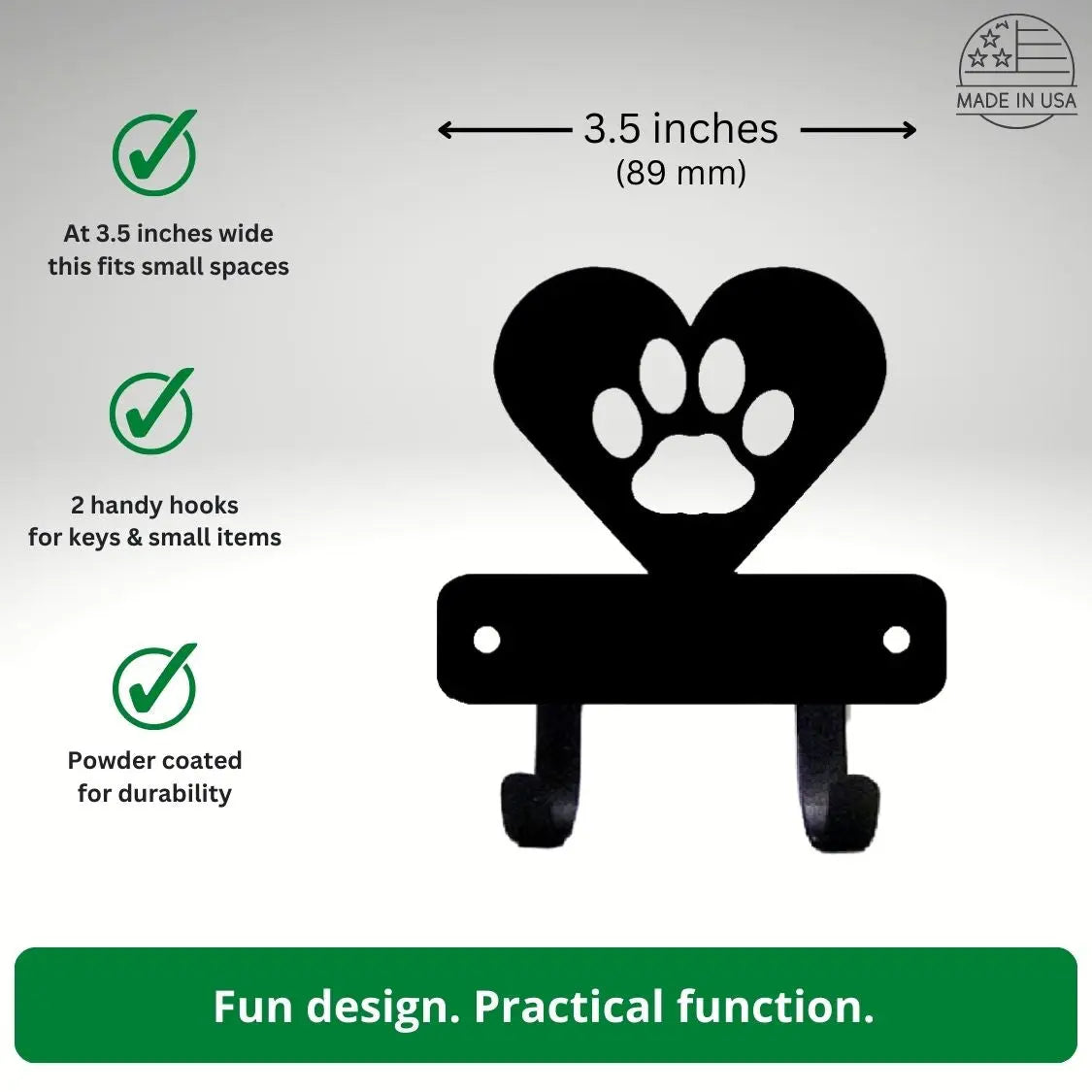 Mini Heart Cat Paw Key Rack with 2 Hooks | The Metal Peddler